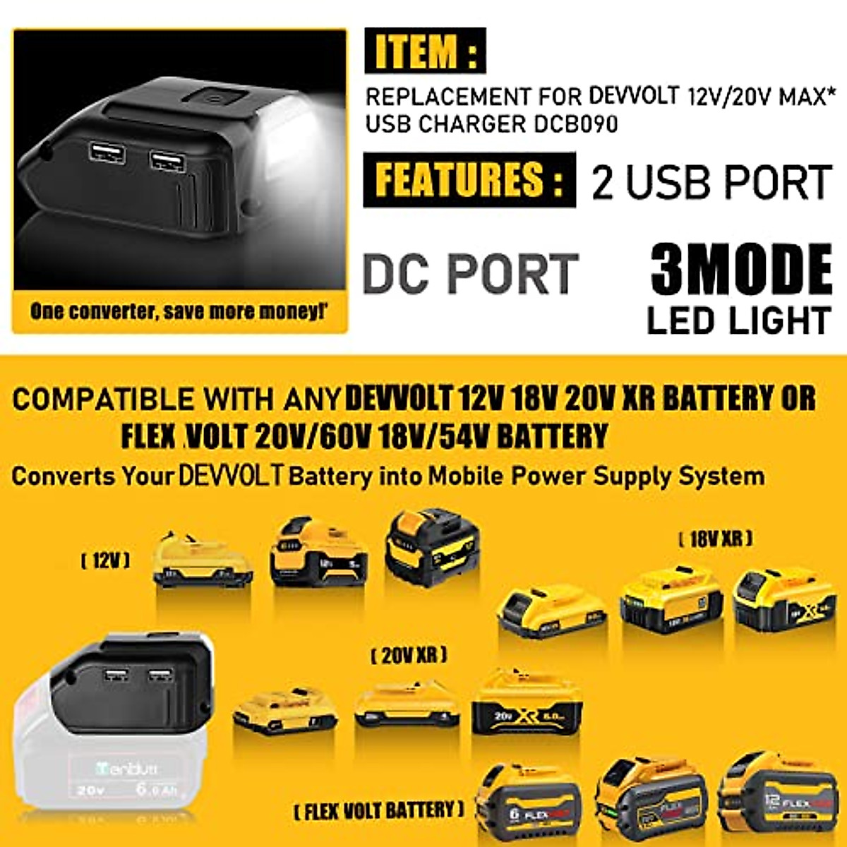【with DC/USB Ports & LED Light】 Replacement for Dewalt Battery Adapter 20V Phone Charger Heated Jacket Ddapter for Dewalt DCB090 Converters Power Source (for Dewalt 12V 14.4V 18V 20V Battery)