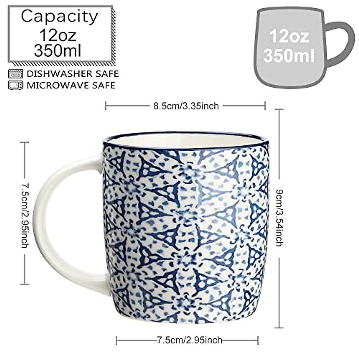 Set of 4 12 oz Coffee Mugs with Blue and White Geometric Patterns, Ceramic Tea Cup Set, Gift for Friends (Set 1)