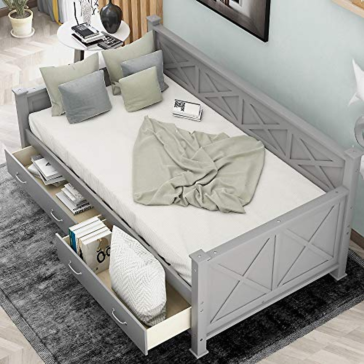 Oudiec Twin Daybed with Storage Drawers,Solid Pinewood Bedframe with Guardrail for Boys/Girls/Teens/Kids Bedroom,No Box Spring Needed,Gray