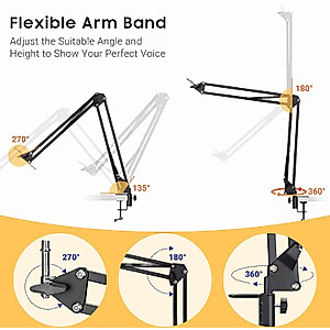 CAHAYA 2 in 1 Microphone Arm Stand and Phone Stand with Pop Filter 2 Mic Clip and 3/8" to 5/8" Adapter Heavy Duty Adjustable Suspension Boom Scissor Microphone Stand for Blue Yeti Snowball CY0263-1