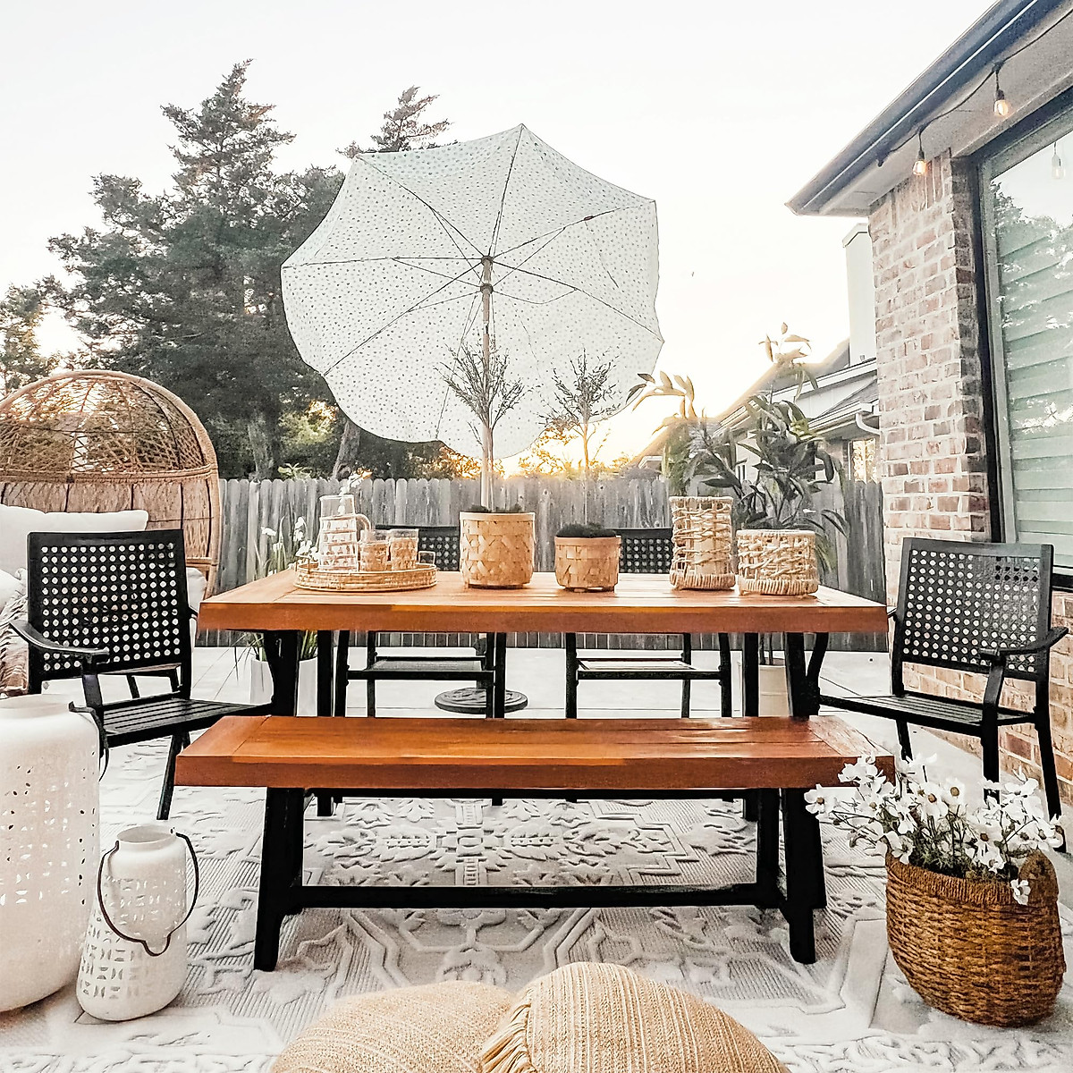 PHI VILLA Outdoor Wood Table Bench Set for 3, 1 Wood Dining Table & 1 Wooden Bench, Acacia Wood Patio Furniture Set for Porch Yard Deck, Teak Color