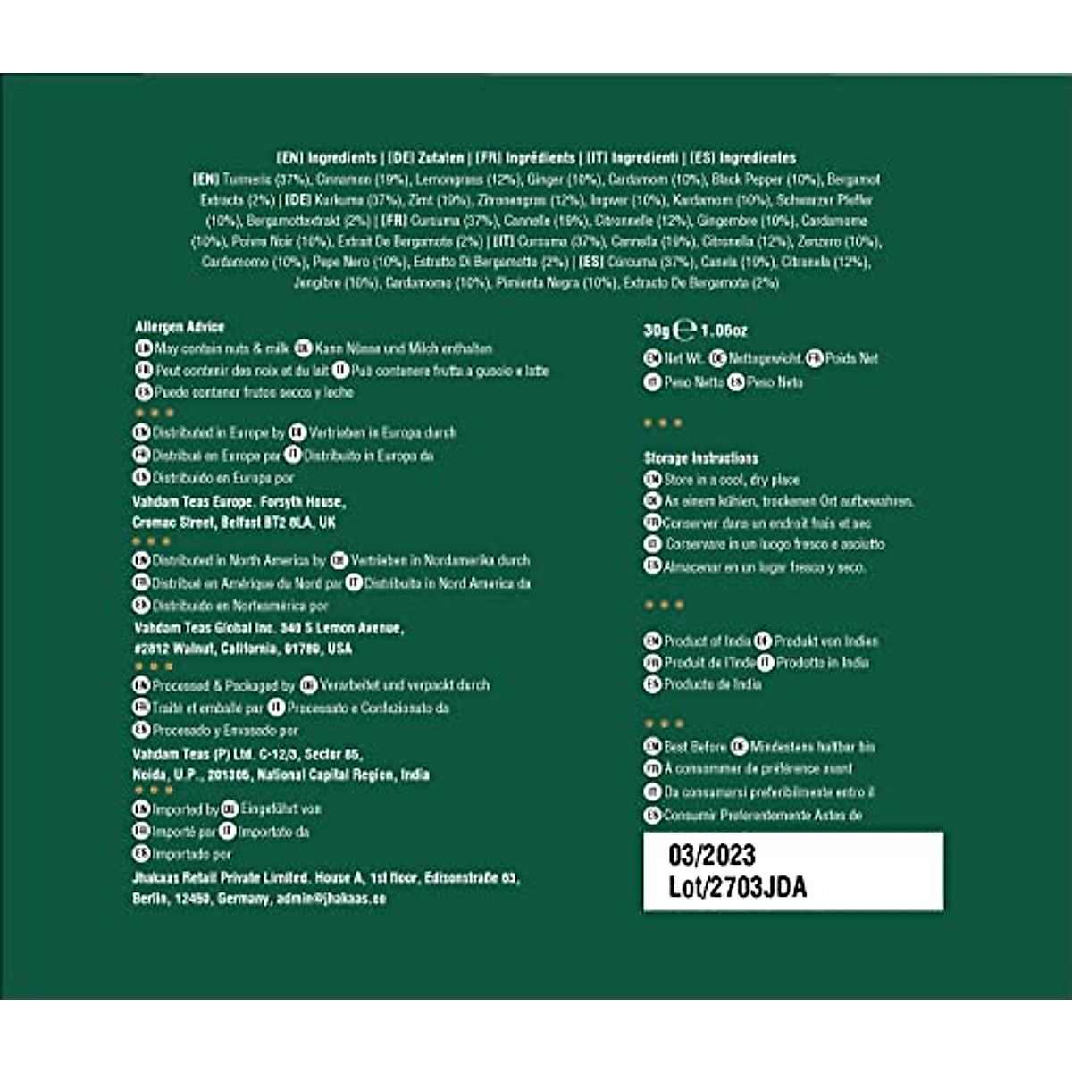 VAHDAM, USDA Organic Turmeric Spice Herbal Tea Bags (15 Count) Non GMO, Gluten Free | Herbal Blend Of Turmeric, Black Pepper, Cinnamon, Bergamot Flavor, Ginger, Cardamom, Lemongrass | Brew As Hot/Iced