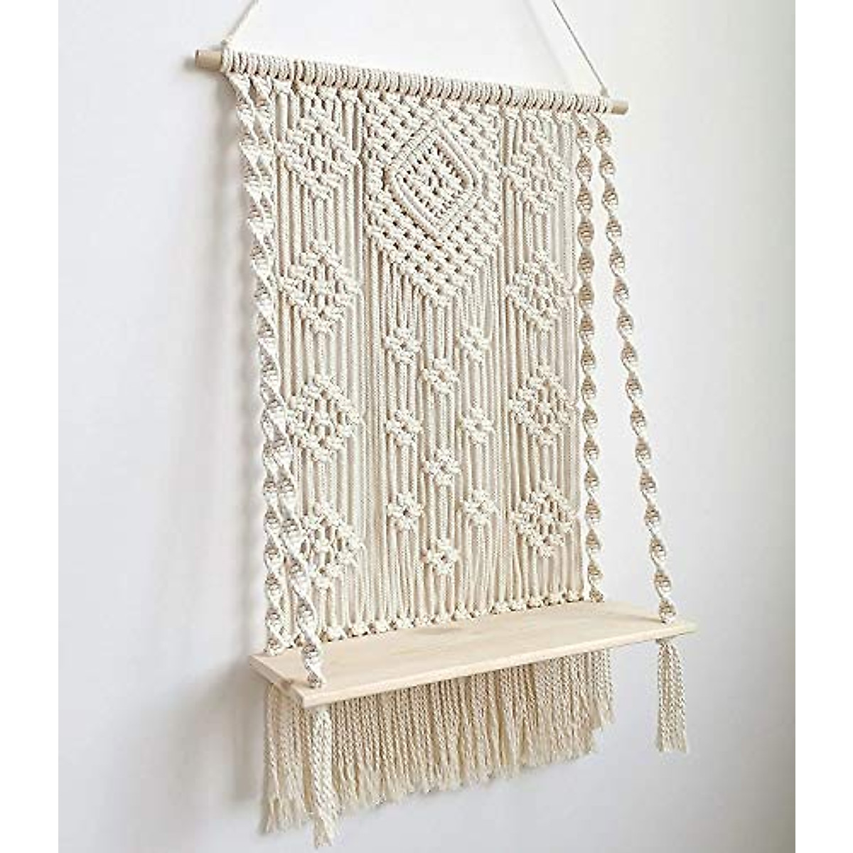 YuanKanJu Macrame Wall Hanging Shelf Bohemian Wall Decor Macrame Shelf Handmade Cotton Wood Hanging Shelf Organizer Hanger Bohemian Wall Decor Bohoboho Shelves (#4)