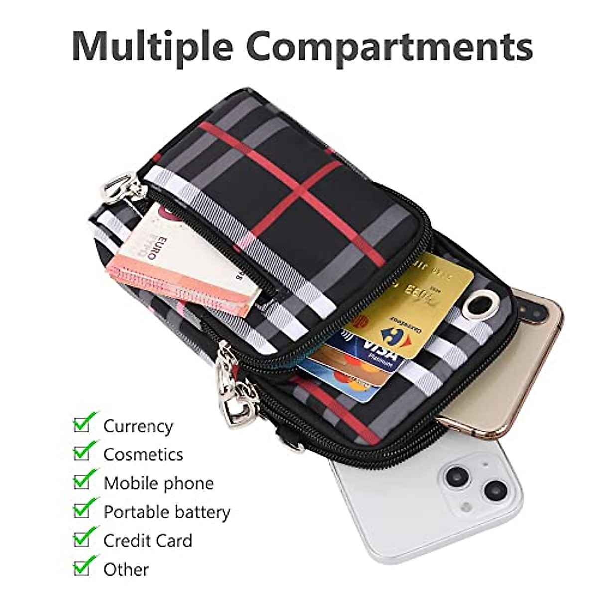 Small Crossbody Wallet Phone Bag, Nylon Cell Phone Purse, Travel Crossbody Bag Cell Phone Shoulder Bag Arm Bag Mini Wallet Purse, with Headphone Port (Black Plaid)