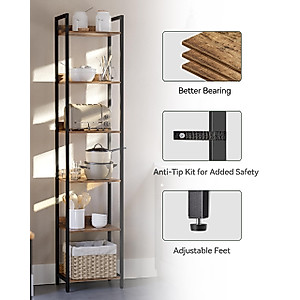 bresurv 6-Tier Bookshelf, Narrow Bookcase with Open Shelves, Talll Book Shelf Coner Shelf for Living Room, Bedroom, Home Office, Study, Bathroom,11.5 x 15.7 x 72.6 Inches, Rustic Brown and Black