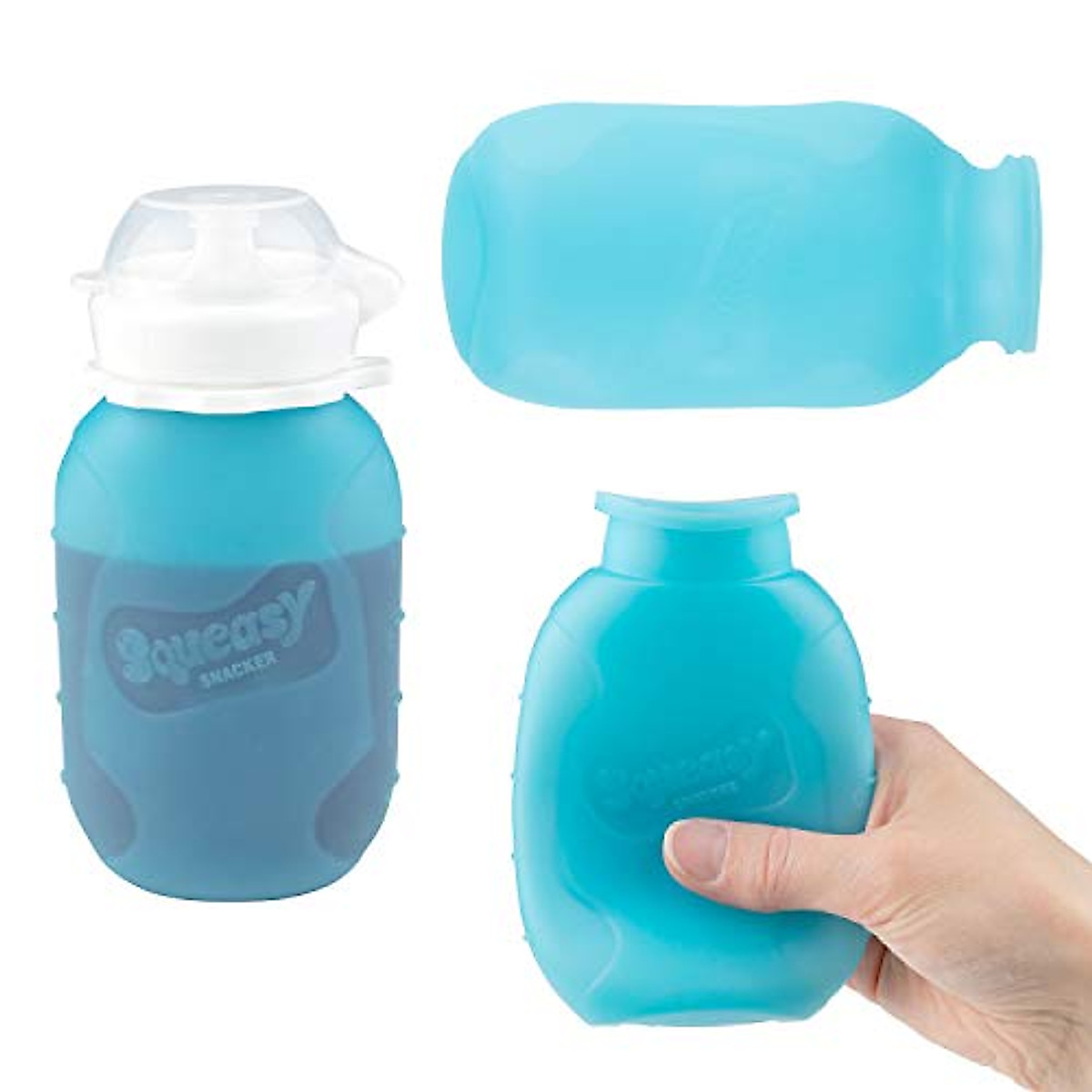 Blue 6 oz Squeasy Snacker Spill Proof Silicone Reusable Food Pouch - for Both Soft Foods and Liquids - Water, Apple Sauce, Yogurt, Smoothies, Baby Food - Dishwasher Safe