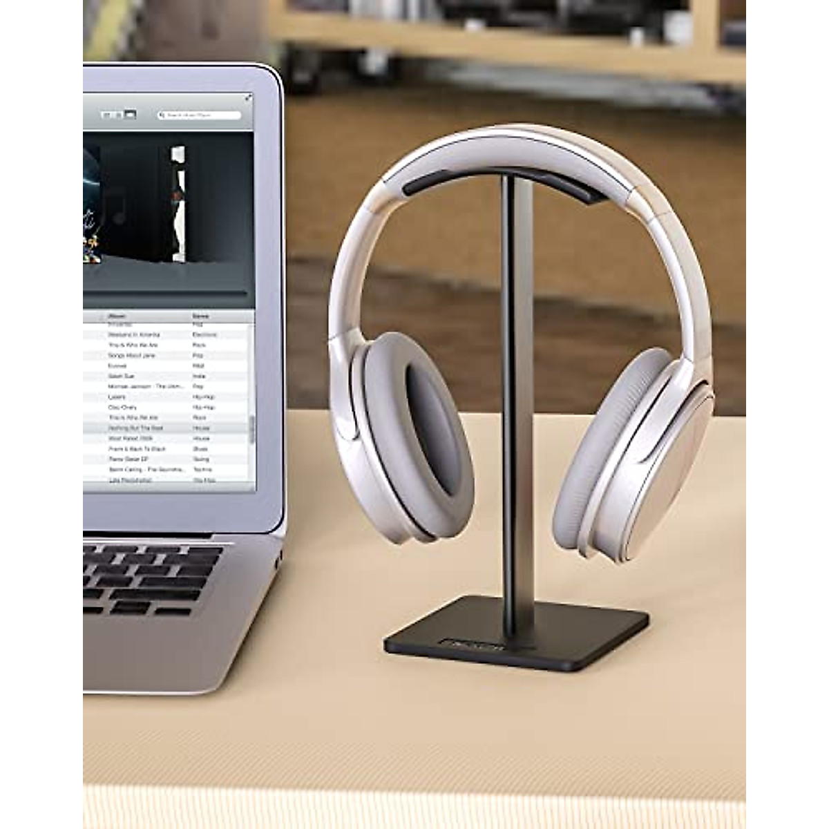 New bee Headphone Stand Headset Holder Earphone Stand with Aluminum Supporting Bar Flexible Headrest ABS Solid Base for All Headphones Size (Black)