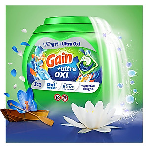 Gain flings Ultra Oxi Laundry Detergent Pacs, 60 Count, Waterfall Delight Scent, 3-in-1, HE Compatible