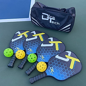 Dink Tech Pickleball Paddles Set – Pickleball Set of 4 Graphite Pickleball Paddles, 4 Pickleball Balls for Indoor or Outdoor Play. Pickle Ball Set – 4 Racquets, 4 Pickleballs, 1 Bag - USAPA Standard
