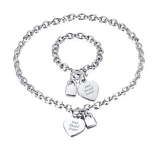 VNOX Personalized Initial Name Stainless Steel Trendy Cable Chain Bracelet Neckalce Set with Padlock Heart Charm and Toggle Clasp Closure