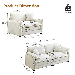 Aoowow 3 Pieces Modular Sectional Sofa Set with Loveseat Couch and 2 Sofa Chair,Modern Corduroy Comfy Cloud Deep Seat Couches Set with Throw Pillows and Arm Pillows for Living Room Apartment(Beige)