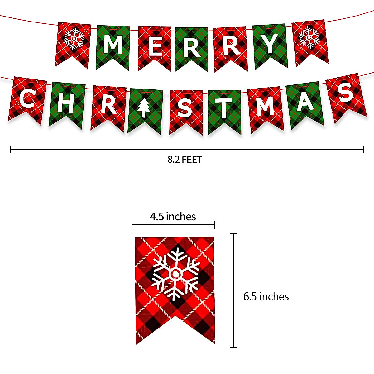 Red&Green Merry Christmas Banner, Christmas Party Decoration,Christmas Plaid Bunting Garland for Outdoor Indoor Hanging Decor and Fireplace Xmas Party Holiday Supplies Decoration