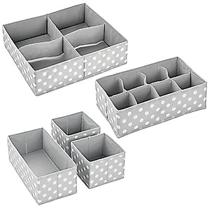 mDesign Soft Fabric Dresser Drawer/Closet Divided Storage Organizer Bins for Nursery - Holds Blankets, Bibs, Socks, Lotion, Clothes, Shoes, Toys - Set of 5 - Gray/White Polka Dot