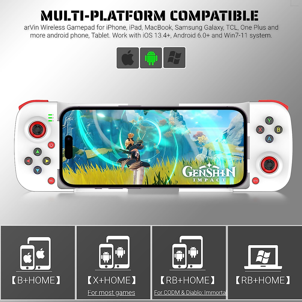 arVin Bluetooth Controller for iPhone/iPad/MacBook/iOS/Android/Samsung/Tablet/PC Wireless Gamepad Joystick with Back Button, Analog Triggers, Stretchable, Direct Play for Call of Duty, Genshin Impact