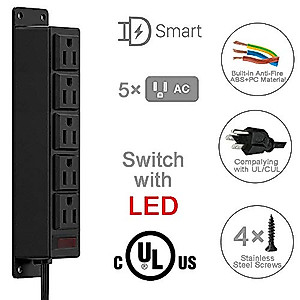 Mountable Power Strip Wall Mount Power Outlets Screw Down Power Socket in Desk Under Cabinet Power Station 5AC Outlet 6.56 Feet Extension Cord, On&Off Switch Black