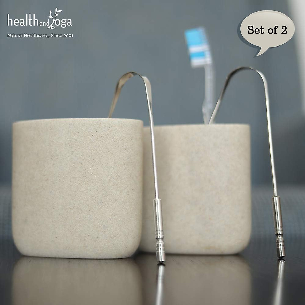 HealthAndYoga™ Tongue Cleaner Scraper - Hygienic, Surgical Grade, Non-Synthetic Grip – Sterilizable Tongue Brush Cleaner (Surgical Steel - 2 Pack)