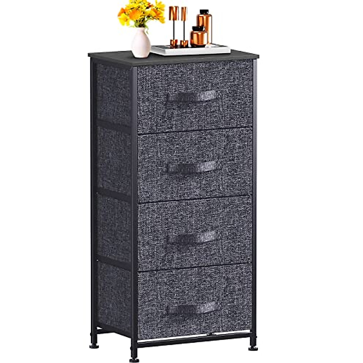 Pipishell Dresser with 4 Drawers, Tall Storage Tower with Sturdy Steel Frame Wood Top，Fabric Dresser Organizer Unit for Bedroom, Hallway, Entryway, Closets, Nursery Room Black