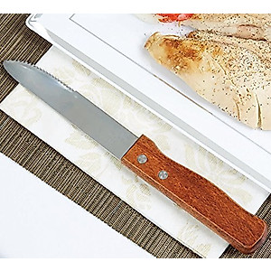 (Set of 6) 10-Inch Jumbo Steak Knives by Tezzorio, Stainless Steel Rounded Serrated 5-Inch Blade with Wooden Handle, Commercial Quality Steak Knife Set