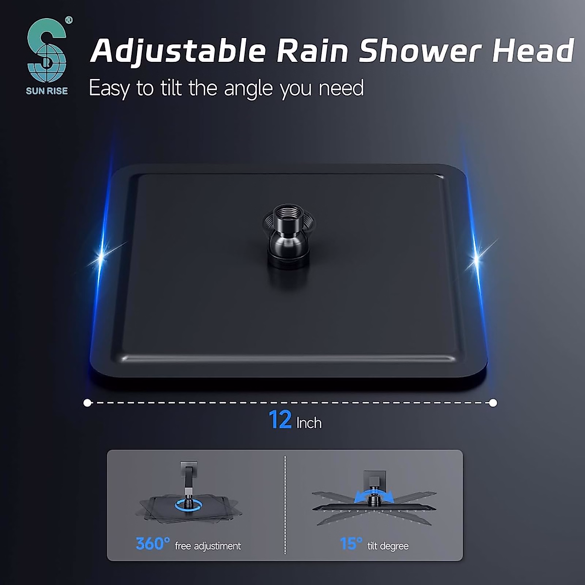 SR SUN RISE 12 Inch Rain Shower Head 304 Stailess Steel Matte Black High Pressure Rainfall Showerhead Water Saving