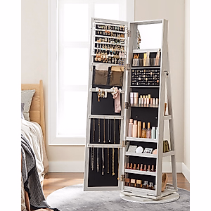 SONGMICS 360° Swivel Jewelry Cabinet, Lockable Jewelry Organizer with Full-Length Mirror, Rear Storage Shelves, Interior Mirror, Jewelry Armoire, Gift Idea, White with Gray Wood Grain UJJC006W01
