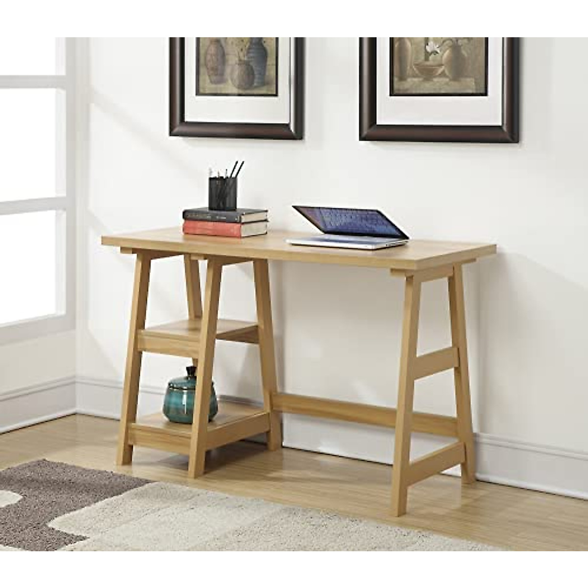 Convenience Concepts Designs2Go Trestle Desk with Shelves, Light Oak