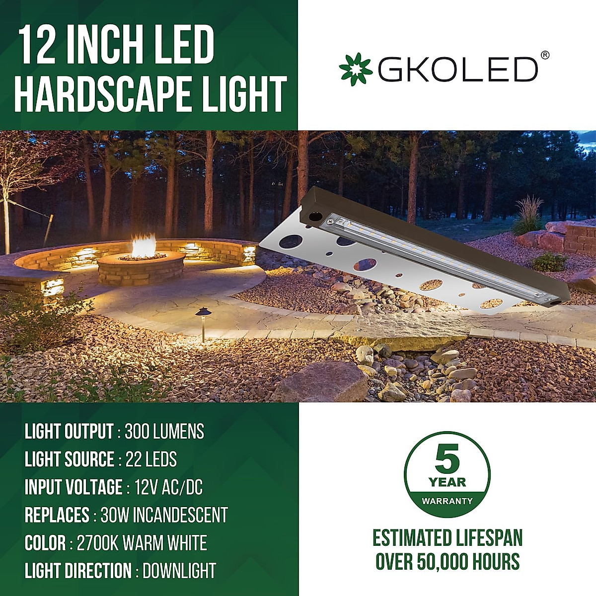 GKOLED 12 Inch LED Hardscape Lighting, Low Voltage Paver Wall Step Lights, 22pcs LED Chips for Even Light Distribution, 2700K Warm White, 12V AC/DC (8-Pack)