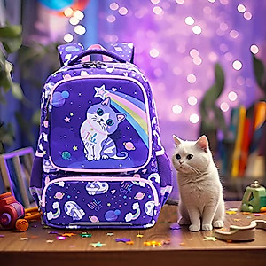 Moonmo Backpack for kids Backpack for Elementary Students, Waterproof Large Capacity School Bag Light Weight Backpack Primary School Backpack for girls (Purple cat)