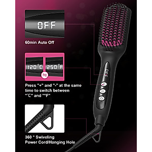 Hair Straighteneing Brush, Negative Ion Hair Straightener Brush with 12 Temp Settings, Fast MCH Ceramic Heating Technology, Anti-Scald, Auto Temperature Lock & Auto Off for Women
