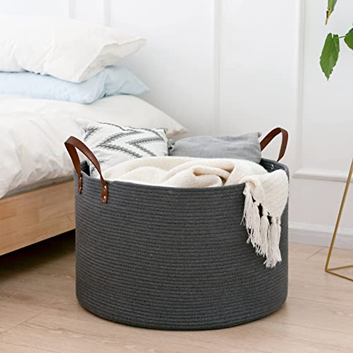 CHICVITA Large Gray Baby Storage Basket, Big Woven Laundry Baskets for Toy, Blankets, Towel, Decorative Basket for Nursery, Bedroom, 22 x 14 inches, Gray