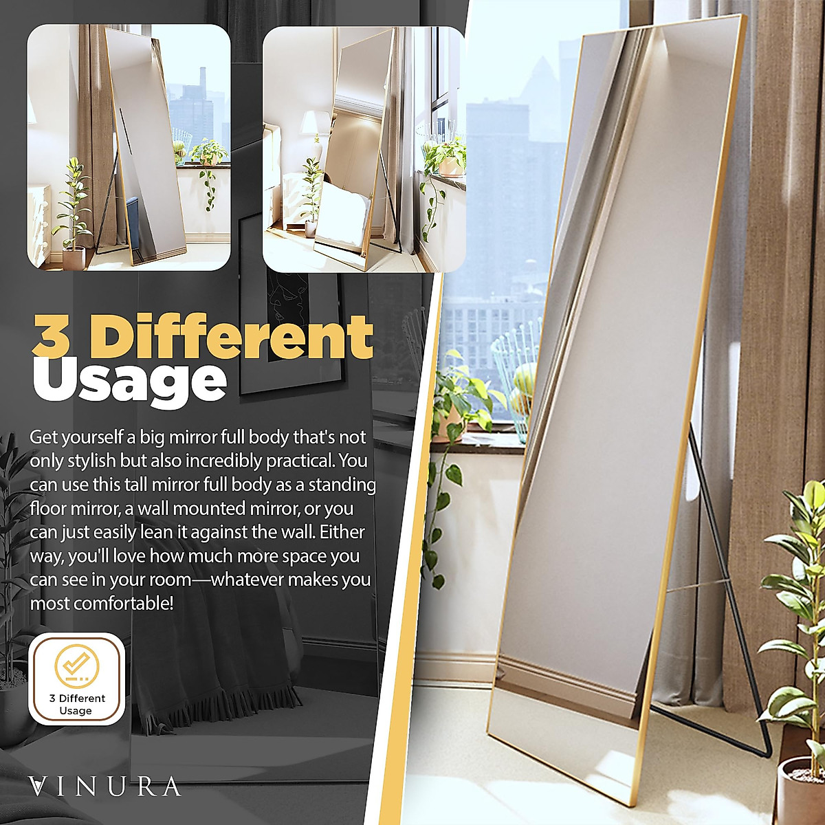 VENERA Floor & Full Length Mirrors - Sturdy Full Length Body Mirror - White Aluminum Framed Full Length Mirror with Stand for Bedroom - 65” Modern and Tall Bedroom Mirror with Stand