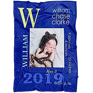 Personalized Baby Photo Newborn Blanket with Birth Information for Girls and Boys. Customized Name Blanket from Baby's Name, BirthDate, Weight. Gift for New Born Baby, New Dad Mom Grandma (Blue)