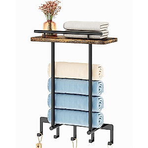 Godboat Towel Racks for Bathroom - Towel Holder with Wooden Shelf, 5 Hooks Bathroom Organizers and Storage Near Towel Warmer, Wall Mounted for Rolled Towels, Gifts for Women, Mom, Mothers Day (21")