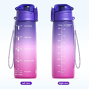 Y&3 32oz Motivational Fitness Sports Water Bottle With Time Marker, BPA Free Tritan Plastic, Leakproof Flip Top, For Gym, Outdoor, Office Work (Purple/Red Gradient, 32oz)