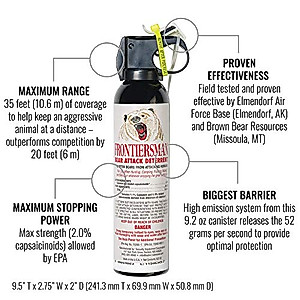 SABRE Frontiersman 9.2 fl oz. Bear Spray, Maximum Strength 2.0% Major Capsaicinoids, Powerful 35 ft. Range Bear Deterrent, Outdoor Camping & Hiking Protection