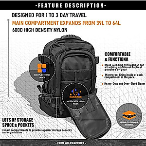 WolfWarriorX Tactical Backpack for men Military Army Expandable 3 Day Pack for Camping Hiking