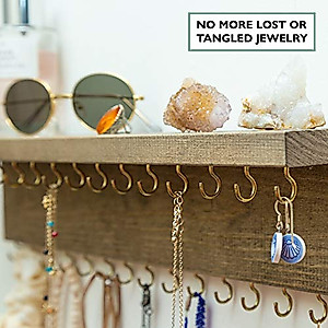 Ilyapa Wall Mounted Jewelry Organizer Shelf, Rustic Jewelry Wall Organizer, Brown Wooden Jewelry Hanger for Wall, Necklace Hanger, Earring and Bracelet Holder Rack, Wall Necklace Holder with Hooks