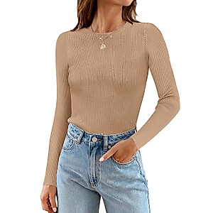 ZESICA Women's Long Sleeve Crewneck Shirts Spring Knit Sweater Slim Fitted Casual Basic Tee Tops,Toffee,Medium