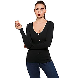 AmélieBoutik Women V Neck Long Sleeve Button Embellished Pullover Sweater (Black Medium)