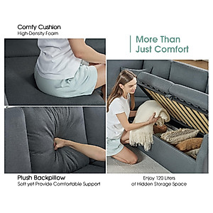 Jocisland Sofa Bed, 85 Inch Sleeper Sofa with Pull Out Bed & Storage Seat, Oversized L Shape Sectional Sofa for Living Room Apartment, Grey Linen Reversible Couch