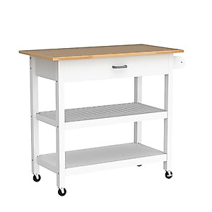 Unovivy Kitchen Island on Wheels, 3 Tier Kitchen Cart with Storage Drawer, 2 Shelves & Towel Rack, Rolling Kitchen Island with Wood Tabletop, Simple Design Mobile Island Table for Kitchen, White