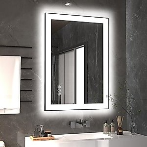 Hpeytaire LED Bathroom Mirror, 20"x28" Black Aluminum Framed Vanity Mirror with Front and Backlit, Stepless Dimmable Lighted Mirror with Anti-Fog, 3 Colors Wall Smart Mirror (Horizontal/Vertical)