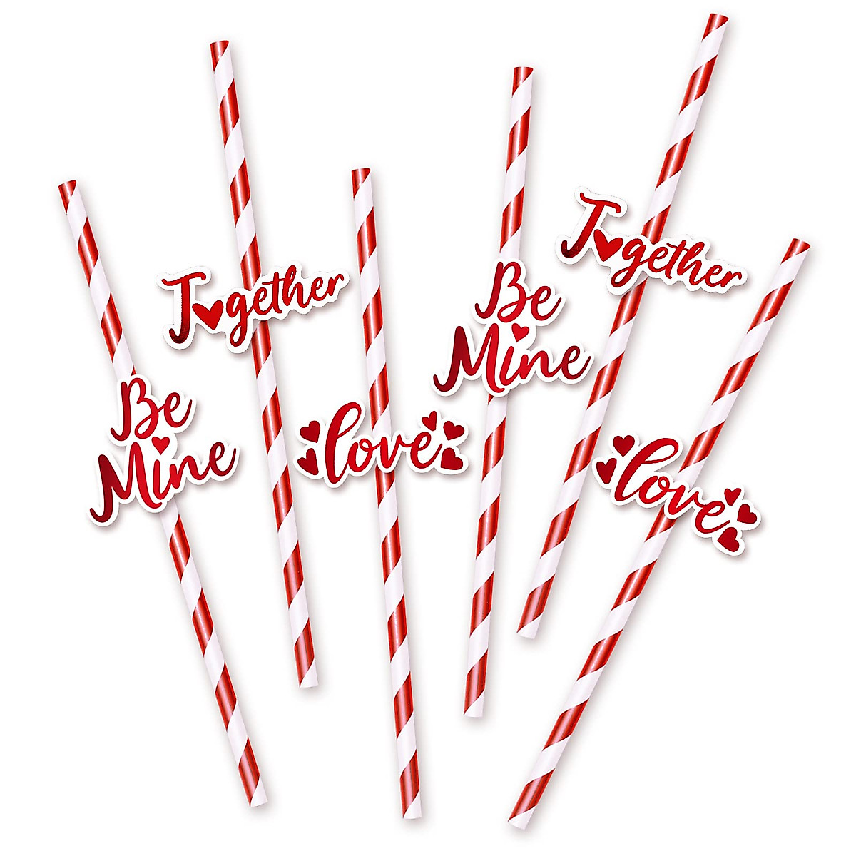 Whaline Valentine's Day Paper Straws 60Pcs Metallic Red Drinking Straws with 60Pcs Foil Red Letter Slices White Stripe Disposable Straws for Beverages Cocktail Wedding Birthday Party Supplies