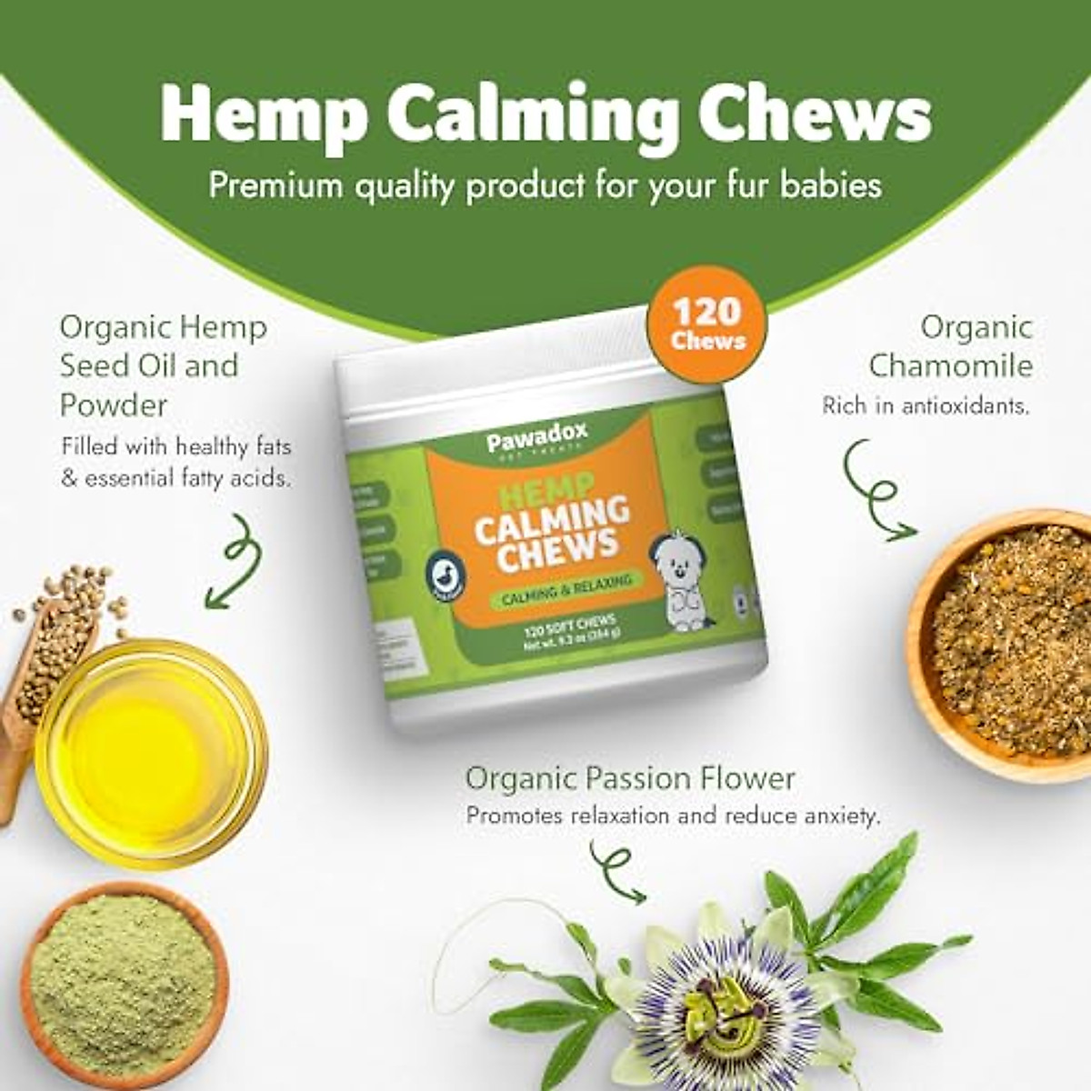 Pawadox - Hemp Calming Chews for Dogs, Easy to Digest, Made from Organic Hemp, Chamomile, Passion Flower for Dog Anxiety Relief, SQF Certified Facility, Tasty Duck Flavor - 120 Soft Chews