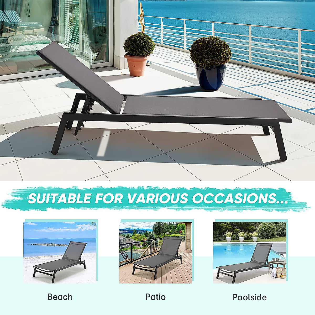Erinnyees Outdoor Chaise Lounge, Aluminum Patio Lounge Chair with Wheels, All-Weather Five-Position Adjustable Reclining Chair, for Patio Pool, Deck, Beach, Yard