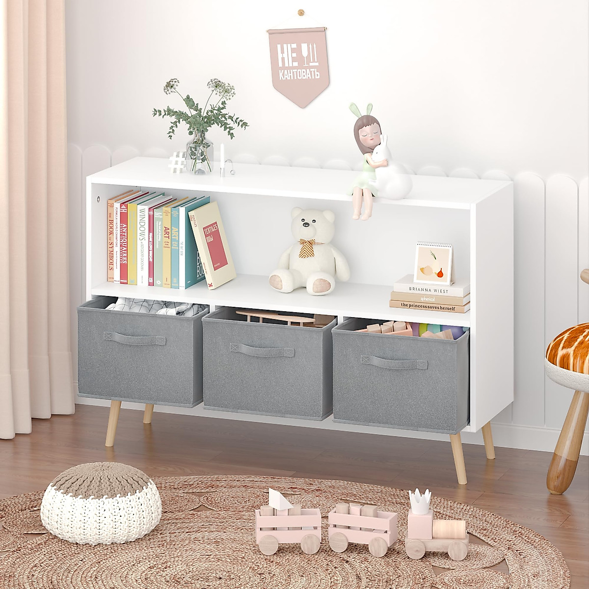 Kids Bookcase and Bookshelf Multi Shelf Cubby with 3 Collapsible Fabric Drawers Kid's Book and Toy Display Rack Toy Storage Cabinet Organizer for Playroom Nursery Children's Room School, White+Grey