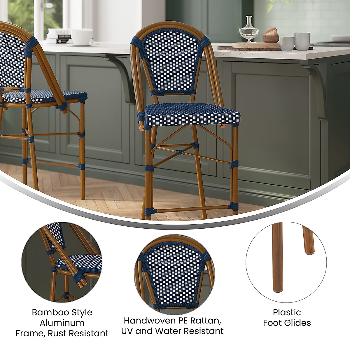 EMMA + OLIVER Soie Bistro Counter Stool - Stacking Indoor/Outdoor PE Rattan Counter Stool with Bamboo Finish Frame - 26" High - Set of Two - Navy/White