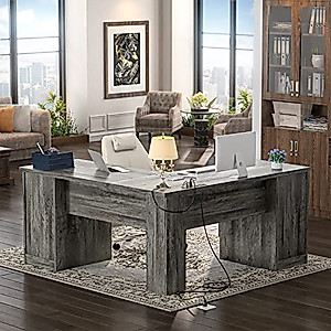 Unikito L Shaped Desk with Drawers, 60 Inch Corner Computer Desks with USB Charging Port and Power Outlet, Large L-Shaped Office Table, 2 Person Home Office Desk with File Cabinet, Black Oak