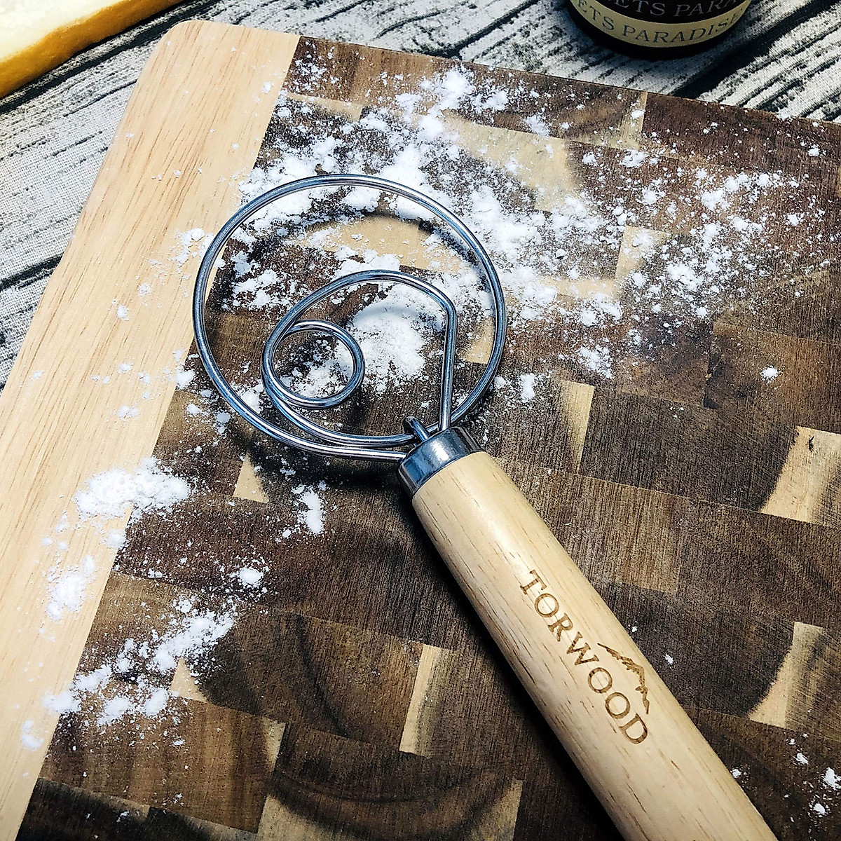 Torwood Danish Dough Whisk Bread Mixer Large 13.5 inches Stainless Steel Wooden Dutch Hook for Baking, Loaves, Pastries and Pizza, comes with a Dough Scraper