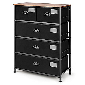 Giantex 5 drawer Dresser Fabric Storage Organizer with Adjustable Foot Pads & Folding Bin, Steel Frame Storage Cabinet Closet for Living Room, Bedroom, Cloakroom Unit Organizer, Black
