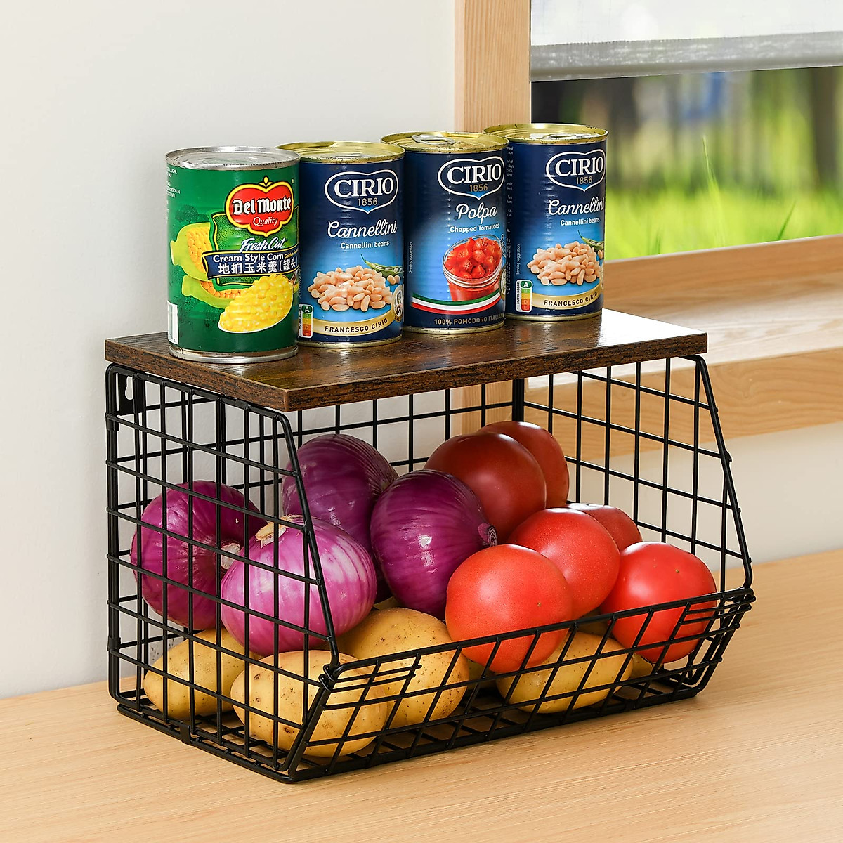 Wetheny 2pcs Fruit Basket Onion Storage Wire Basket with Wood Top- Wall Mounted & Stackable Kitchen Counter Organizer,Cabinet Organizer Bin for Potato,Produce,Bread,Snack Storage(Matte Black)